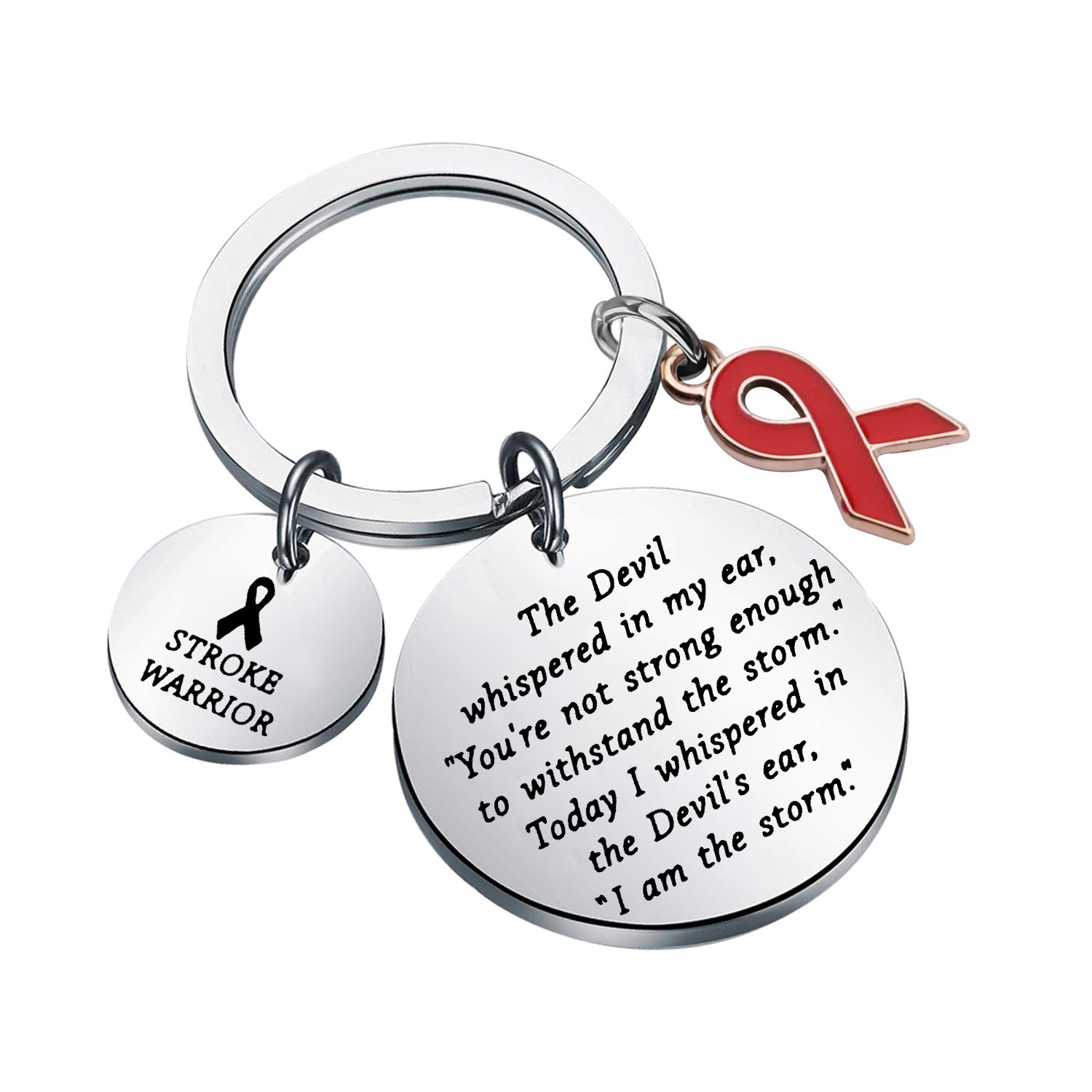 FUSTMW Stroke Awareness Keychain Stroke Warrior Gifts I Am The Storm Stroke Survivor Jewelry Recovery Gifts Red Ribbon Cancer Inspirational Gifts (silver)