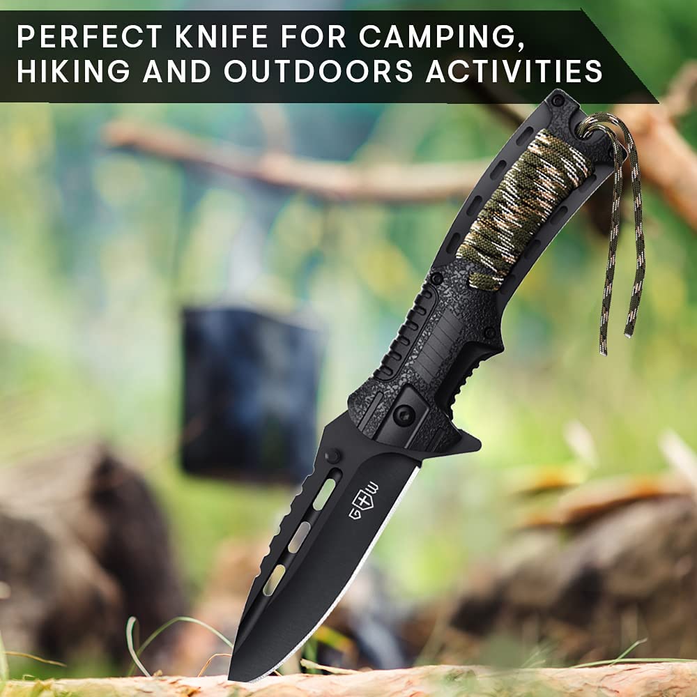 Bundle of 2 Items - Pocket Knife - Tactical Folding Knife - EDC USMC Knife with Fire Starter Paracord Handle - Best Camping Hunting Fishing Hiking Survival Knofe - Travel Accessories Gear - Gifts