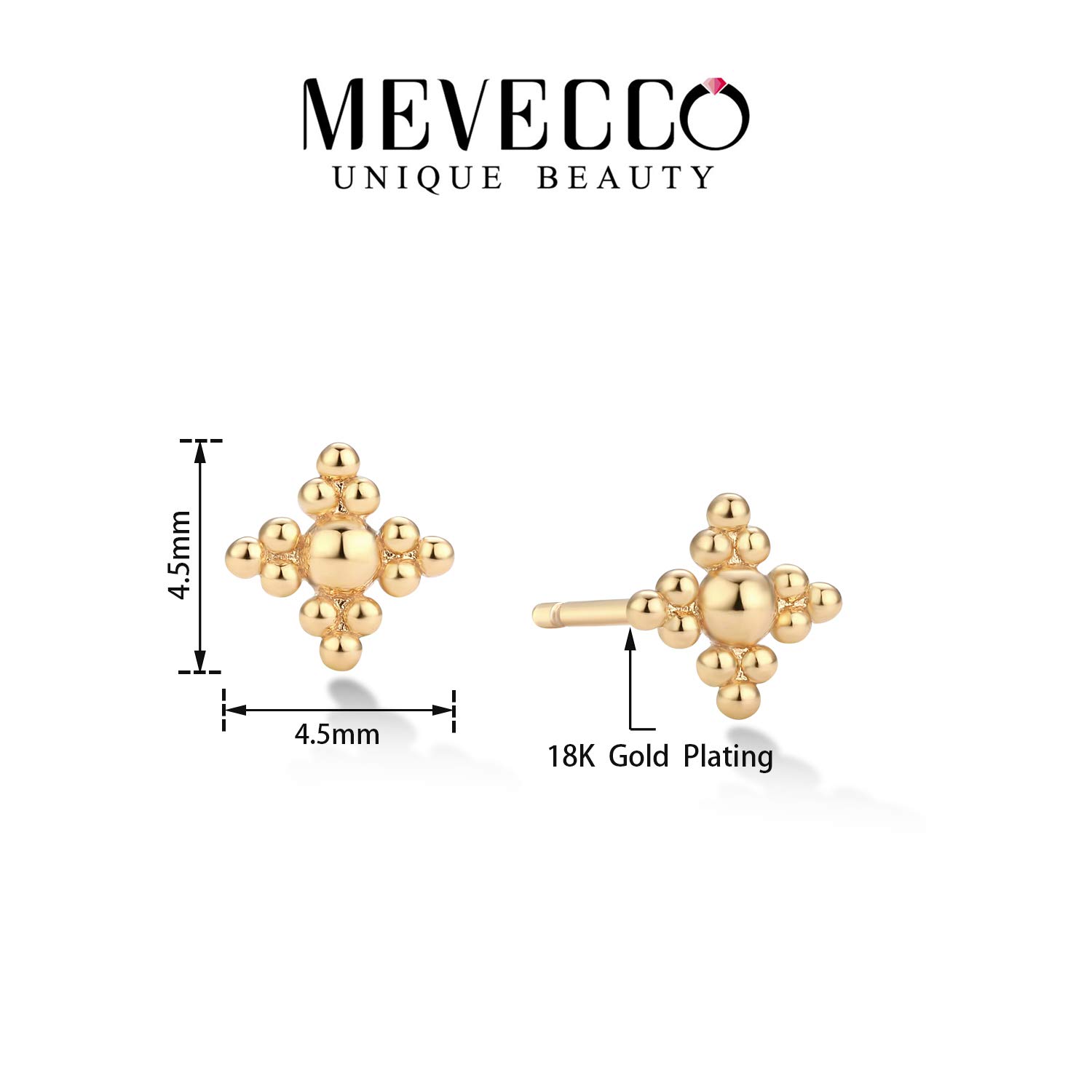 MEVECCO Tiny Beads Stud Earrings for Women 18K Gold Plated Stud Earrings Dainty Pave CZ Mini Cute Flower Simple Delicate Minimalist Stud Earrings Gift for Her