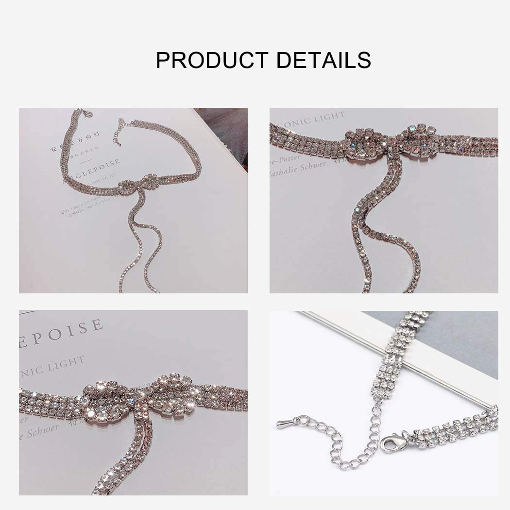 ELABEST Rhinestone Bow Necklace Crystal Bowknot Pendant Choker Dainty Tennis Chain Nightclub Party Jewelry for Women (Silver)