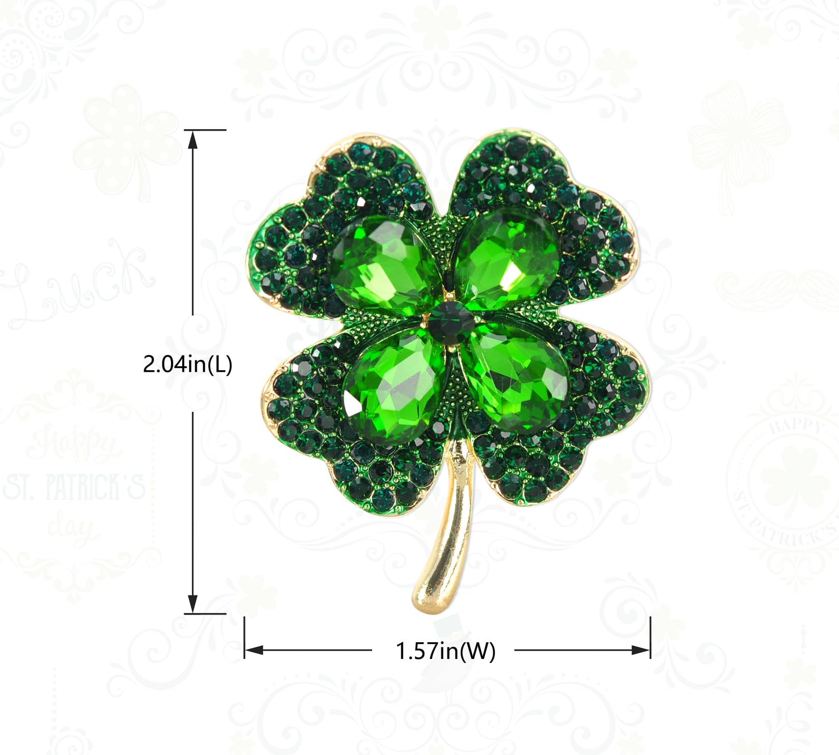 Gyn&Joy Green Crystal Lucky Four Leaf Clover Shamrock Brooch Pin