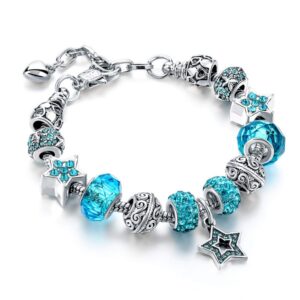 capital charms sky blue star silver plated charm bracelet set, jewelry gifts with beads, charms, and adjustable snake chain, fits 7.5"+1.5" (skyblue star)