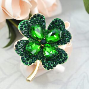 Gyn&Joy Green Crystal Lucky Four Leaf Clover Shamrock Brooch Pin