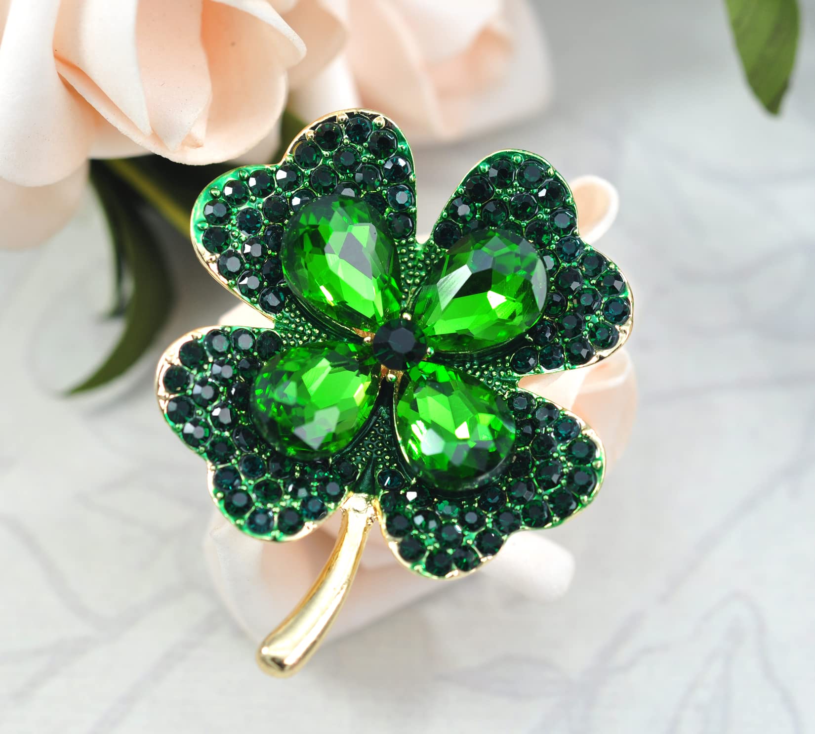 Gyn&Joy Green Crystal Lucky Four Leaf Clover Shamrock Brooch Pin