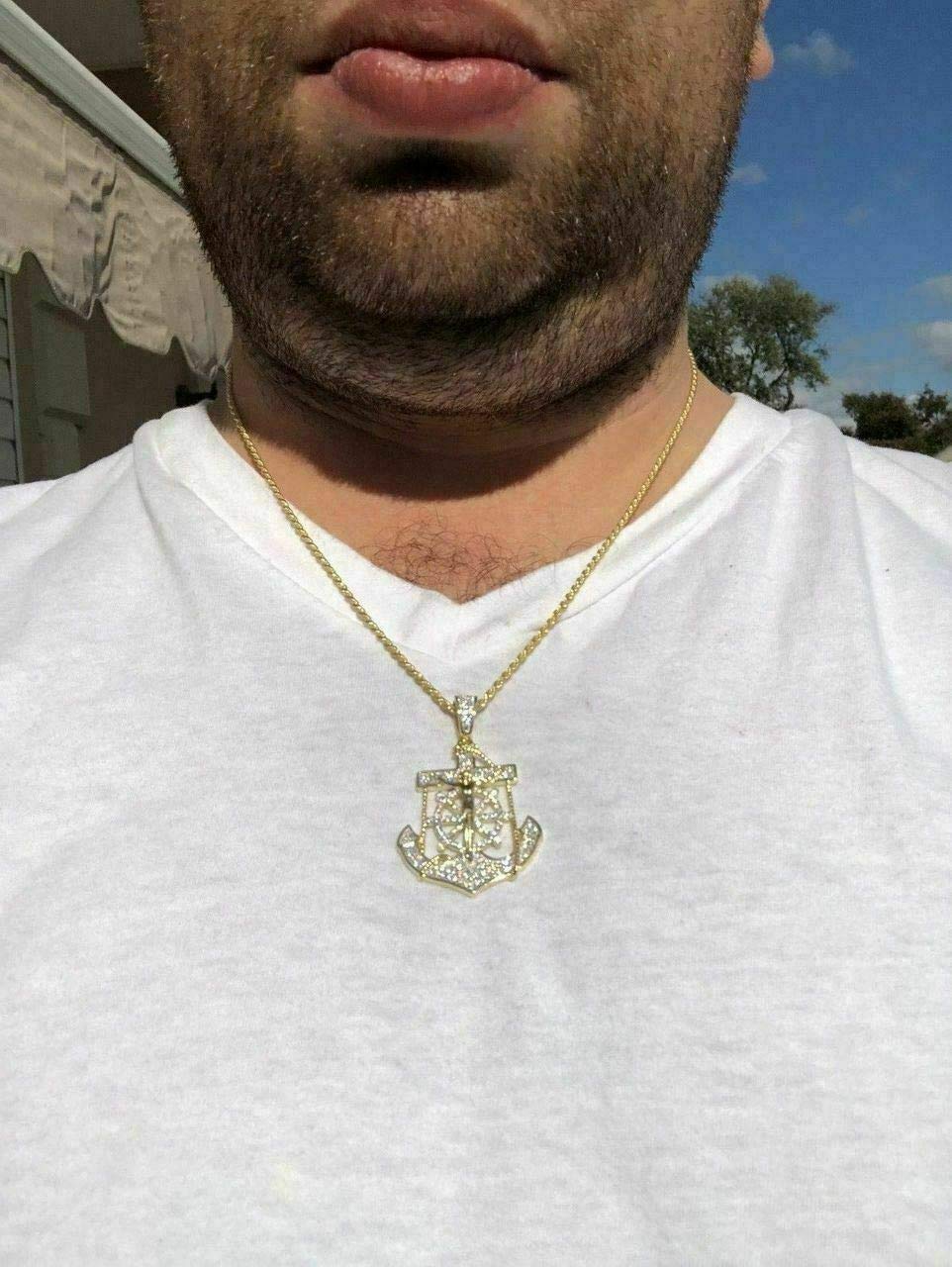 HarlemBling Solid 925 Sterling Silver -Jesus On Anchor Cross Pendant - Hip Hop Iced - Natural Silver Or Two Tone Gold Finish (Two Tone)