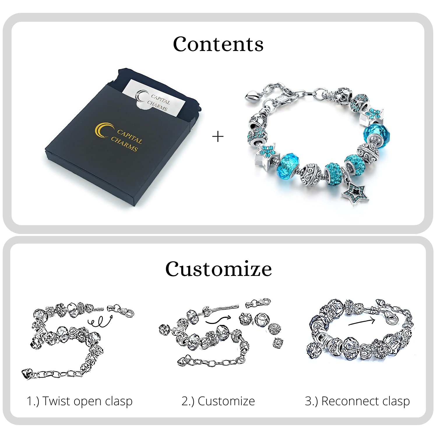 Capital Charms Sky Blue Star Silver Plated Charm Bracelet Set, Jewelry Gifts with Beads, Charms, and Adjustable Snake Chain, Fits 7.5"+1.5" (SkyBlue Star)