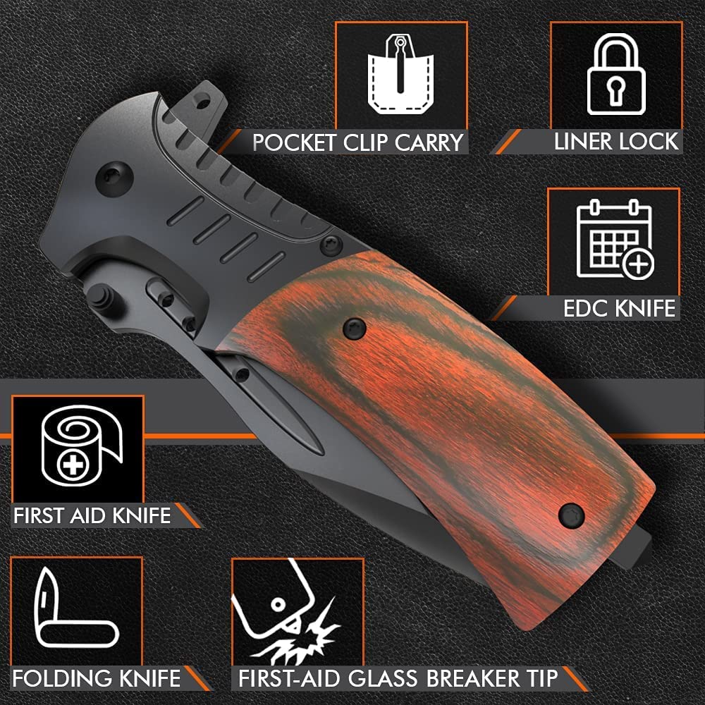 Bundle of 2 Items - Pocket Knife - Tactical Folding Knife - EDC USMC Knife with Fire Starter Paracord Handle - Best Camping Hunting Fishing Hiking Survival Knofe - Travel Accessories Gear - Gifts