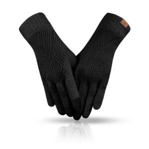 reach star winter gloves for women, 3-finger touch screen dual-layer cashmere elastic thermal knit lining, warm gloves for cold weather,running,driving(black)