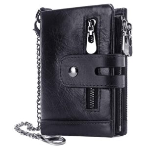 gzcz mens wallet with chain rfid blocking genuine leather bifold purse for men with id window and zip coin pocket, black