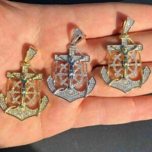 HarlemBling Solid 925 Sterling Silver -Jesus On Anchor Cross Pendant - Hip Hop Iced - Natural Silver Or Two Tone Gold Finish (Two Tone)