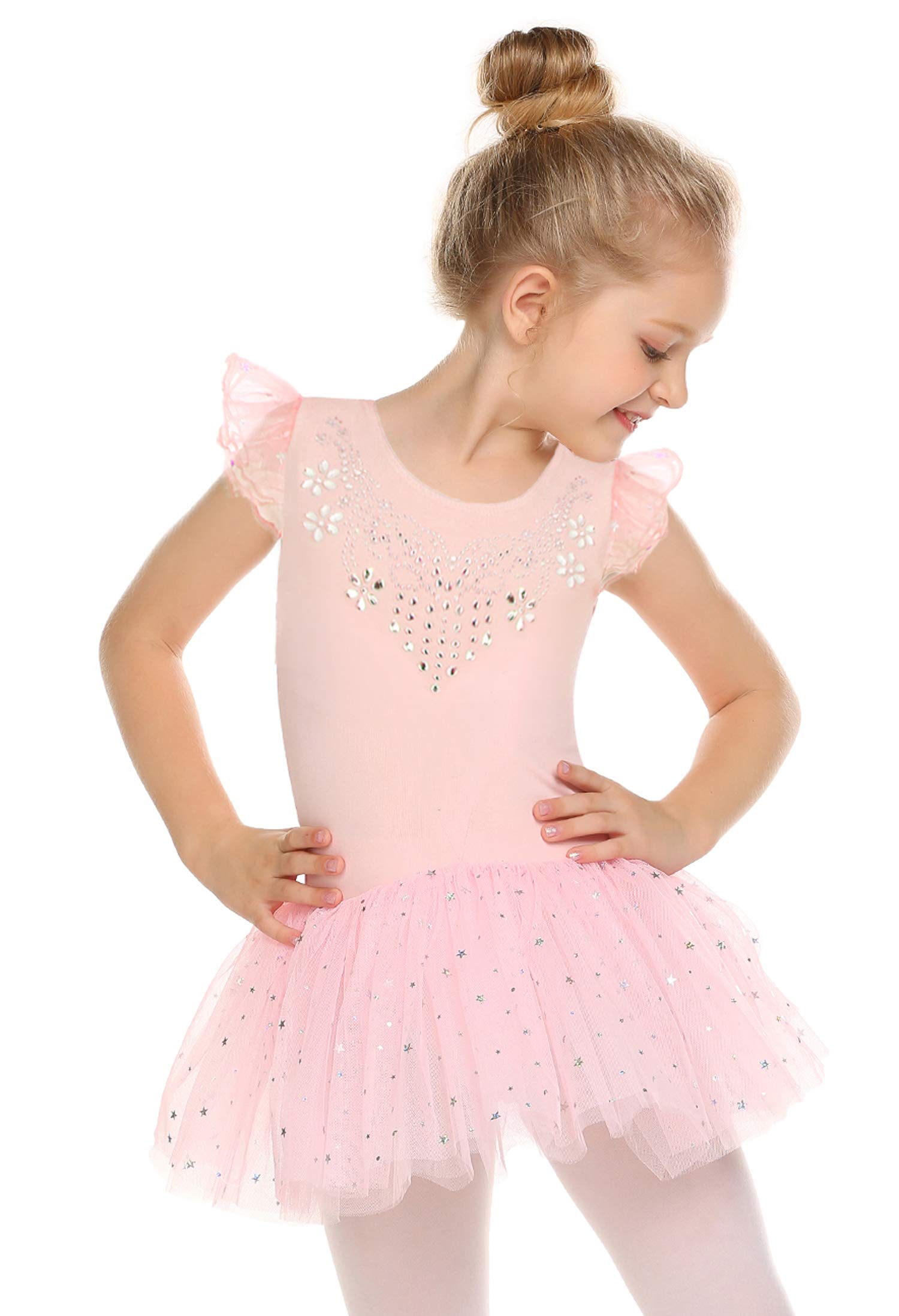 Zaclotre Kid Girls Ruffle Sleeve Ballet Skirted Leotard Shiny Dance Tutu Dresses