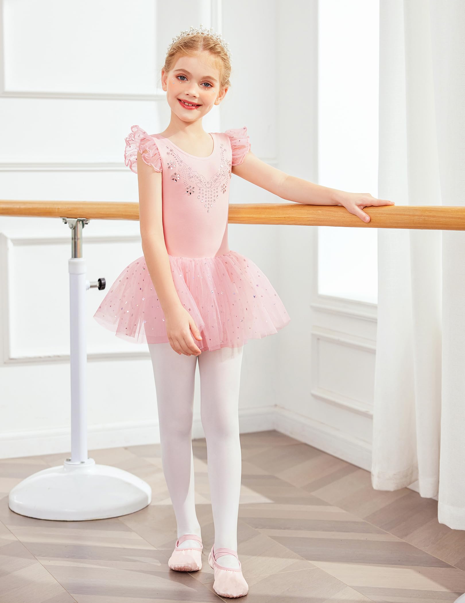 Zaclotre Kid Girls Ruffle Sleeve Ballet Skirted Leotard Shiny Dance Tutu Dresses