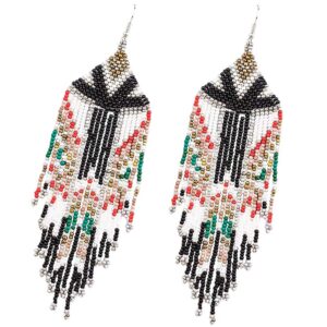 long beaded tassel earrings - american flag drop earrings bohemian beaded, seed bead tribal dangle earrings, pendientes de borla, gift idea for women (black colorful earrings)