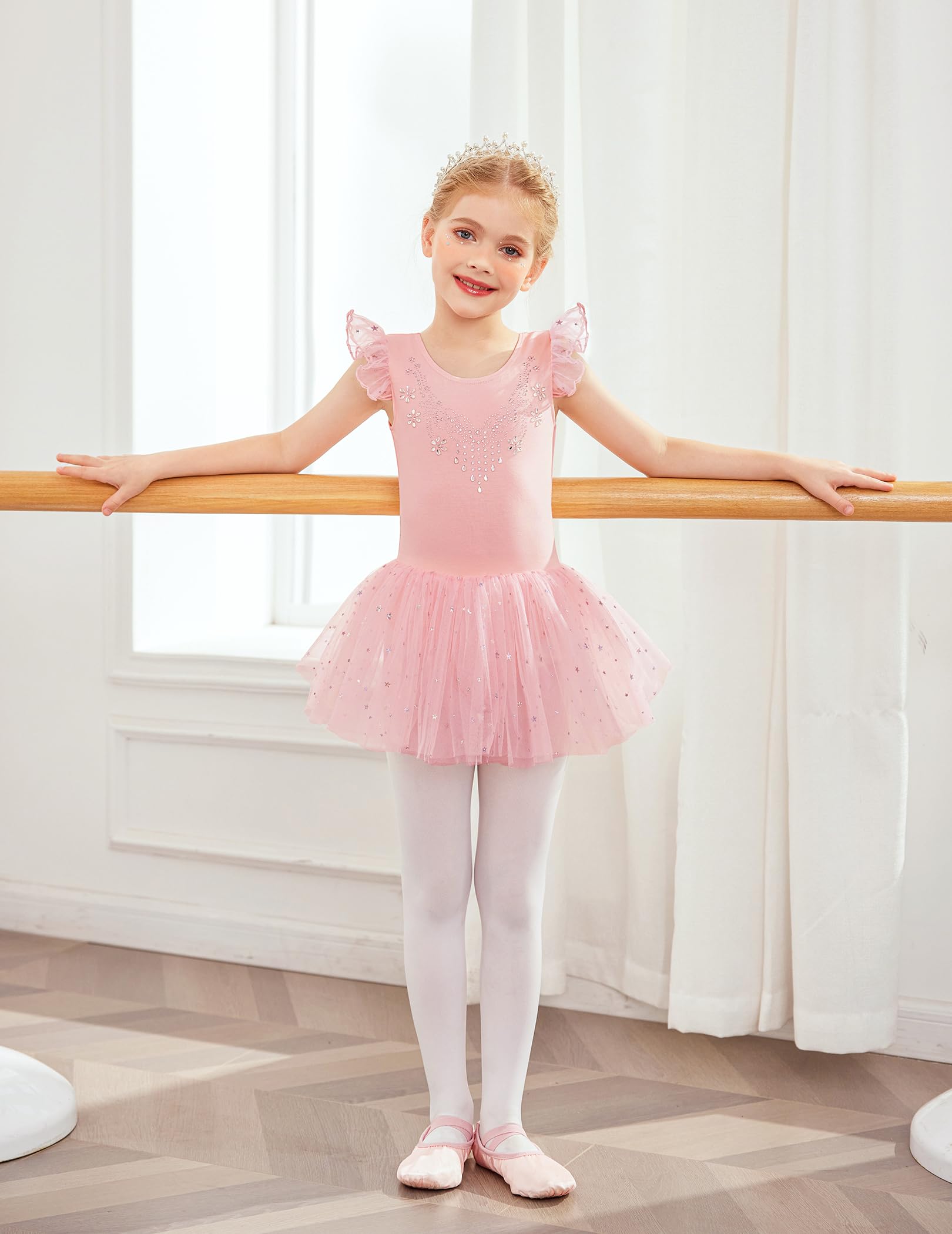 Zaclotre Kid Girls Ruffle Sleeve Ballet Skirted Leotard Shiny Dance Tutu Dresses