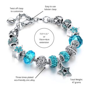 Capital Charms Sky Blue Star Silver Plated Charm Bracelet Set, Jewelry Gifts with Beads, Charms, and Adjustable Snake Chain, Fits 7.5"+1.5" (SkyBlue Star)