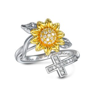 lonago sunflower cross ring 925 sterling silver you are my sunshine adjustable size ring religious crucifix jewelry gift for women (8)