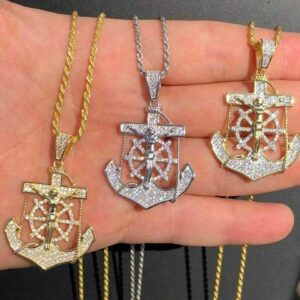 HarlemBling Solid 925 Sterling Silver -Jesus On Anchor Cross Pendant - Hip Hop Iced - Natural Silver Or Two Tone Gold Finish (Two Tone)