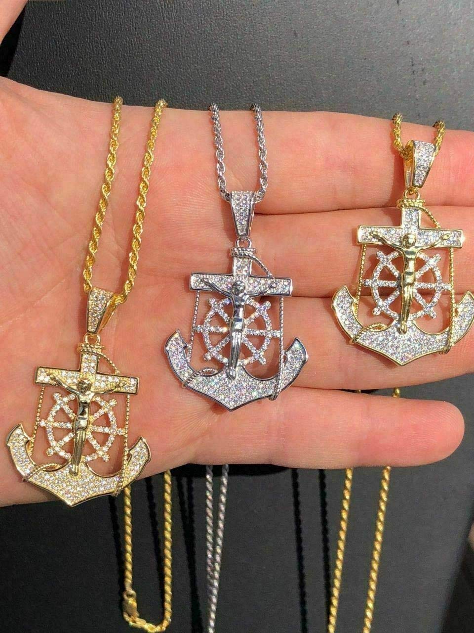 HarlemBling Solid 925 Sterling Silver -Jesus On Anchor Cross Pendant - Hip Hop Iced - Natural Silver Or Two Tone Gold Finish (Two Tone)