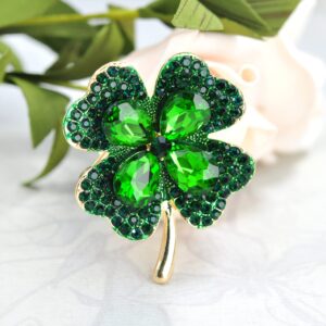 Gyn&Joy Green Crystal Lucky Four Leaf Clover Shamrock Brooch Pin