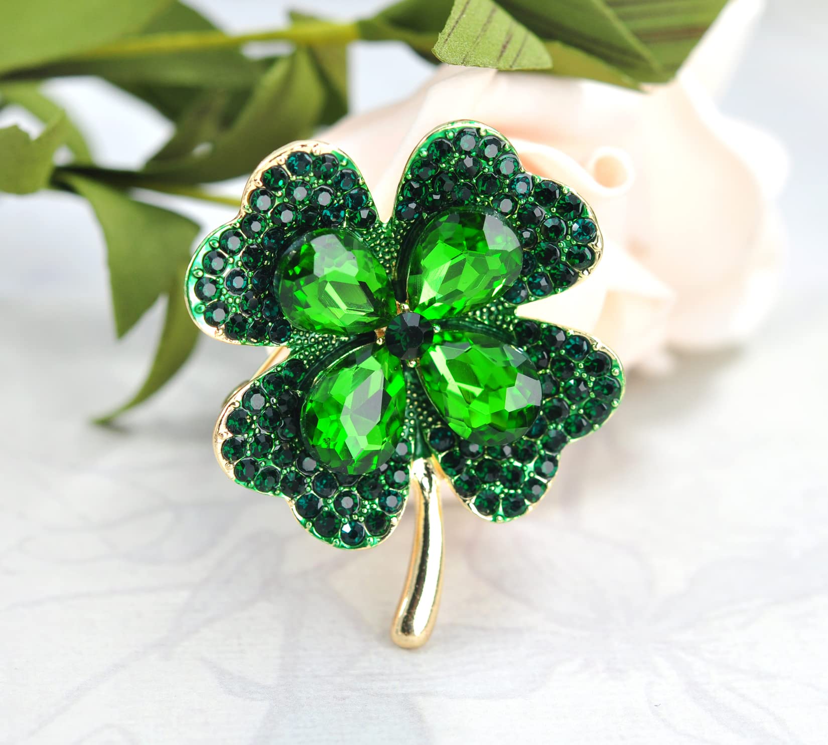 Gyn&Joy Green Crystal Lucky Four Leaf Clover Shamrock Brooch Pin