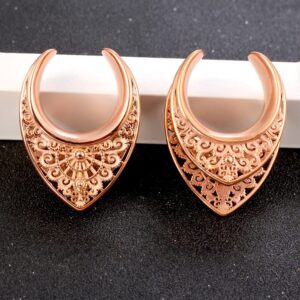 LADEMAYH 2Pcs 1/2 inch Gauges for Ears, Elegant Rose Gold 12mm Gauges for Ears, Hollow Pattern 1/2 Plugs Tunnels Guages for Women, Surgical Steel Saddle Gauge Earrings