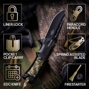 Bundle of 2 Items - Pocket Knife - Tactical Folding Knife - EDC USMC Knife with Fire Starter Paracord Handle - Best Camping Hunting Fishing Hiking Survival Knofe - Travel Accessories Gear - Gifts