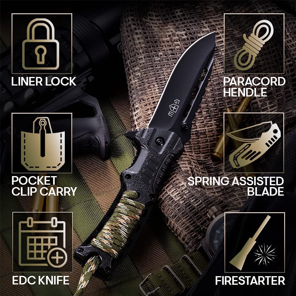 Bundle of 2 Items - Pocket Knife - Tactical Folding Knife - EDC USMC Knife with Fire Starter Paracord Handle - Best Camping Hunting Fishing Hiking Survival Knofe - Travel Accessories Gear - Gifts