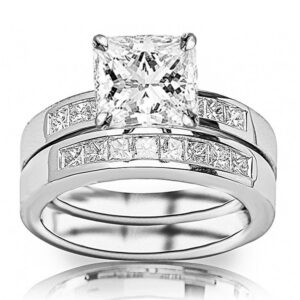 Houston Diamond District 3 Carat Lab 14K White Gold Synthetic Lab Grown Princess Channel Princess Wedding Bridal Set IGI Certified Diamond Engagement Ring (2 Ct, H-I Color, VS1-VS2 Clarity Center), 7