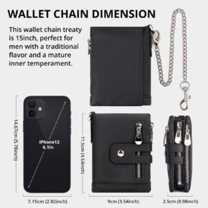 gzcz Mens Wallet with Chain RFID Blocking Genuine Leather Bifold Purse for Men with ID Window and Zip Coin Pocket, Black