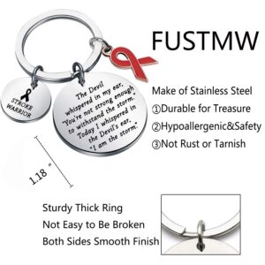 FUSTMW Stroke Awareness Keychain Stroke Warrior Gifts I Am The Storm Stroke Survivor Jewelry Recovery Gifts Red Ribbon Cancer Inspirational Gifts (silver)