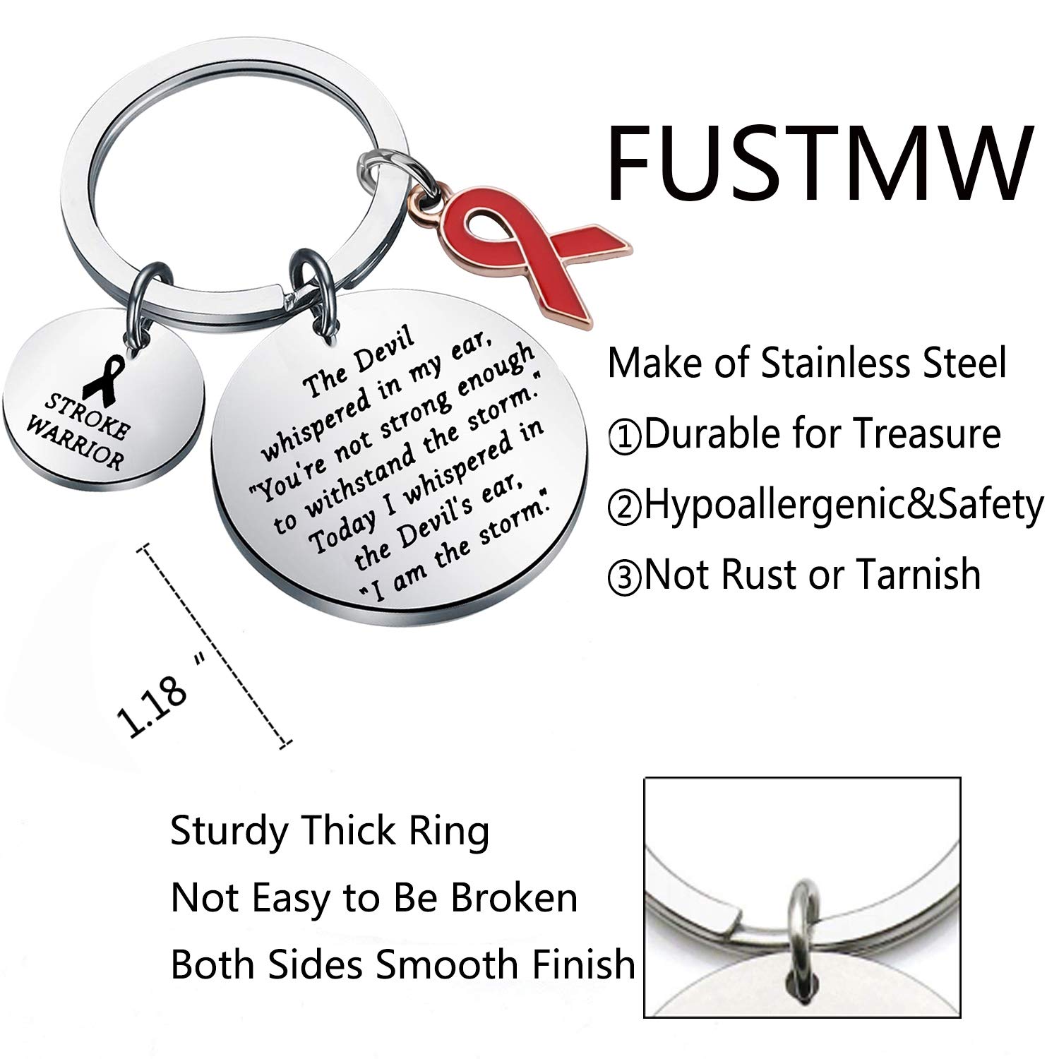 FUSTMW Stroke Awareness Keychain Stroke Warrior Gifts I Am The Storm Stroke Survivor Jewelry Recovery Gifts Red Ribbon Cancer Inspirational Gifts (silver)