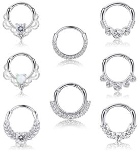 loyallook 8pcs 16g septum clicker ring stainless steel cz opal cartilage helix tragus hoop daith earrings nose hinged segment ring piercing jewelry 10mm