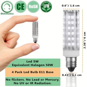 E11 LED Bulbs – 5W - 50W Halogen Replacement - Dimmable - Mini-Candelabra Base Light Bulb - Replaces T4 /T3 JDE11 – Day Light 6000K - for Ceiling Fans, Cabinet Lighting, Sconce & More- 4 Pack