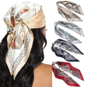 awaytr 23 inches satin head scarves for women 4pcs square silk like hair scarves silk hair bandanas (cashews (dark blue/red/light blue/khaki)