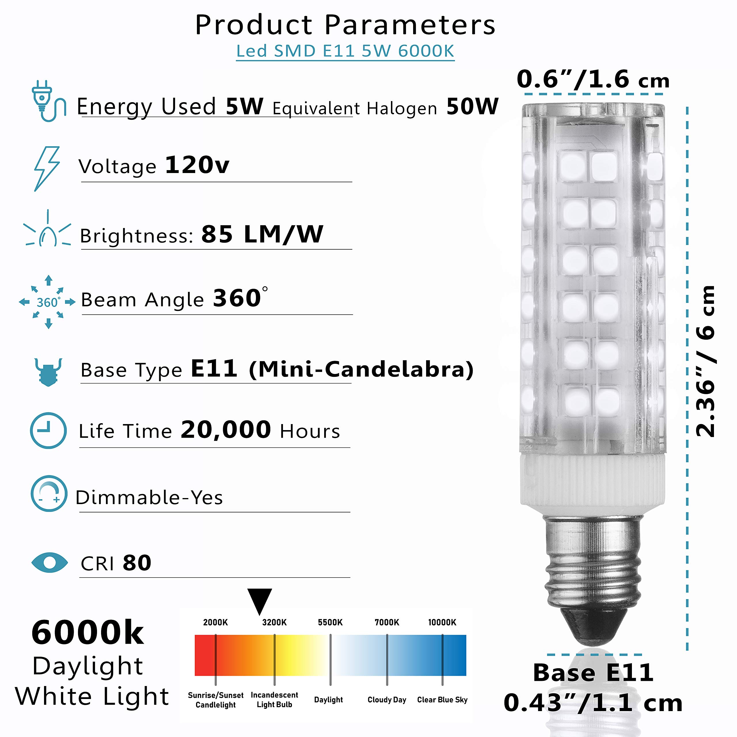 E11 LED Bulbs – 5W - 50W Halogen Replacement - Dimmable - Mini-Candelabra Base Light Bulb - Replaces T4 /T3 JDE11 – Day Light 6000K - for Ceiling Fans, Cabinet Lighting, Sconce & More- 4 Pack