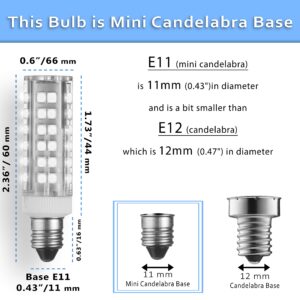 E11 LED Bulbs – 5W - 50W Halogen Replacement - Dimmable - Mini-Candelabra Base Light Bulb - Replaces T4 /T3 JDE11 – Day Light 6000K - for Ceiling Fans, Cabinet Lighting, Sconce & More- 4 Pack