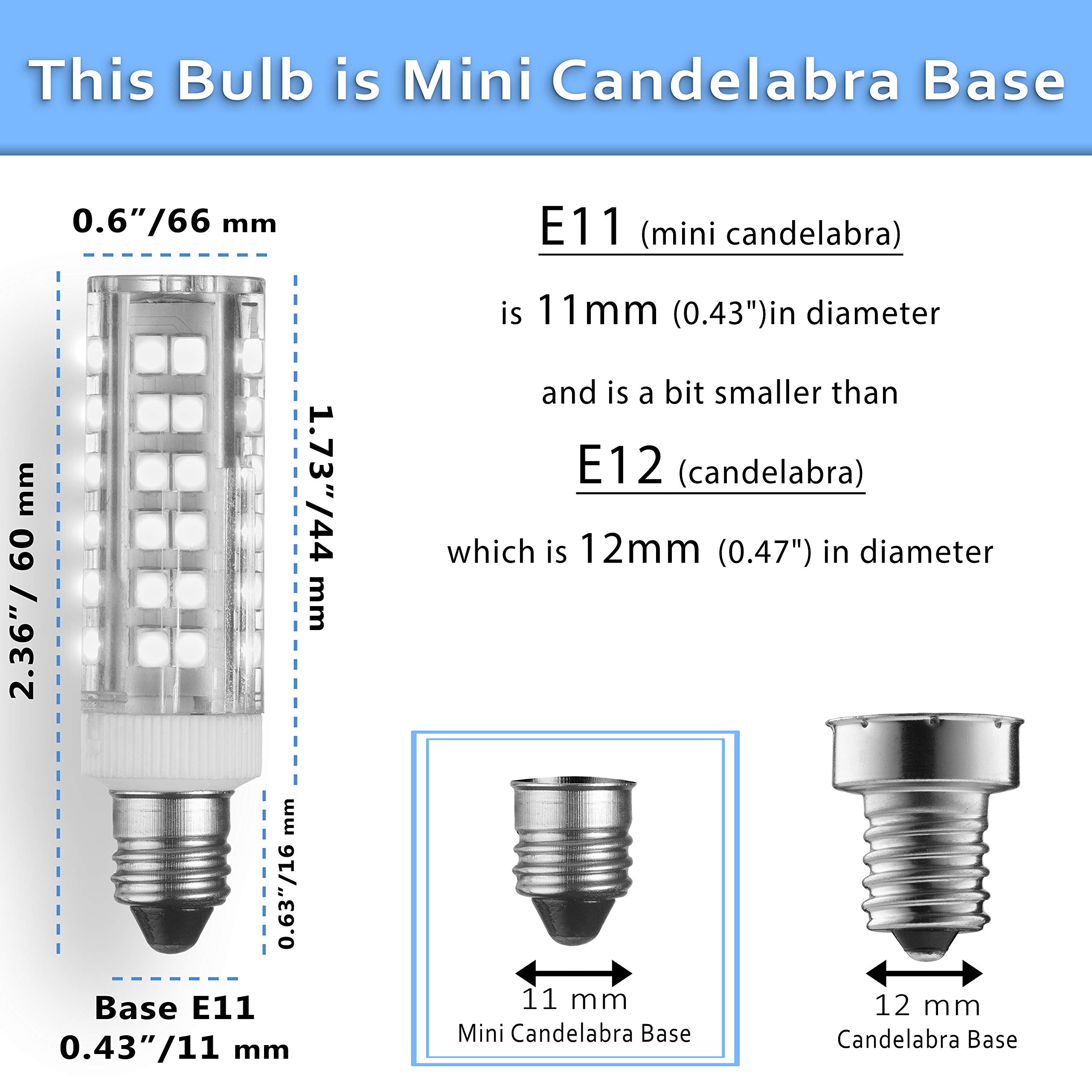 E11 LED Bulbs – 5W - 50W Halogen Replacement - Dimmable - Mini-Candelabra Base Light Bulb - Replaces T4 /T3 JDE11 – Day Light 6000K - for Ceiling Fans, Cabinet Lighting, Sconce & More- 6 Pack