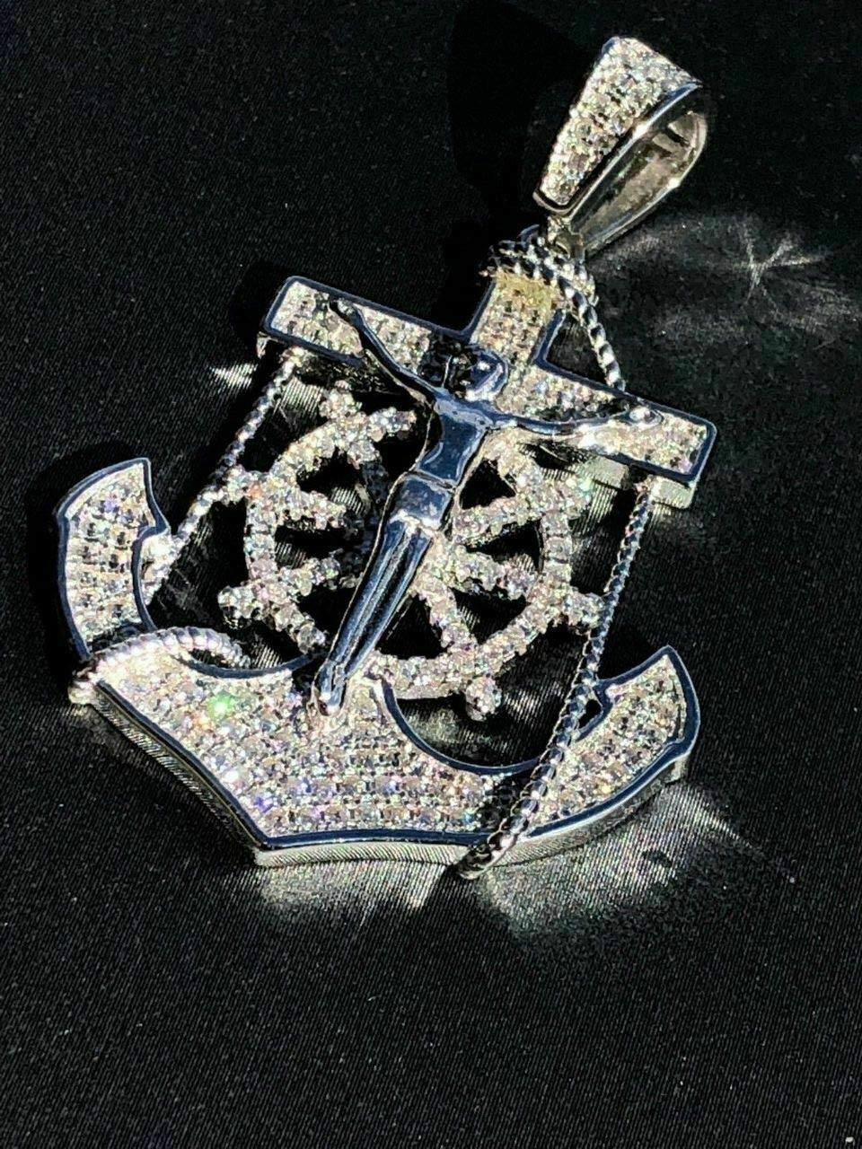 HarlemBling Solid 925 Sterling Silver -Jesus On Anchor Cross Pendant - Hip Hop Iced - Natural Silver Or Two Tone Gold Finish (Two Tone)