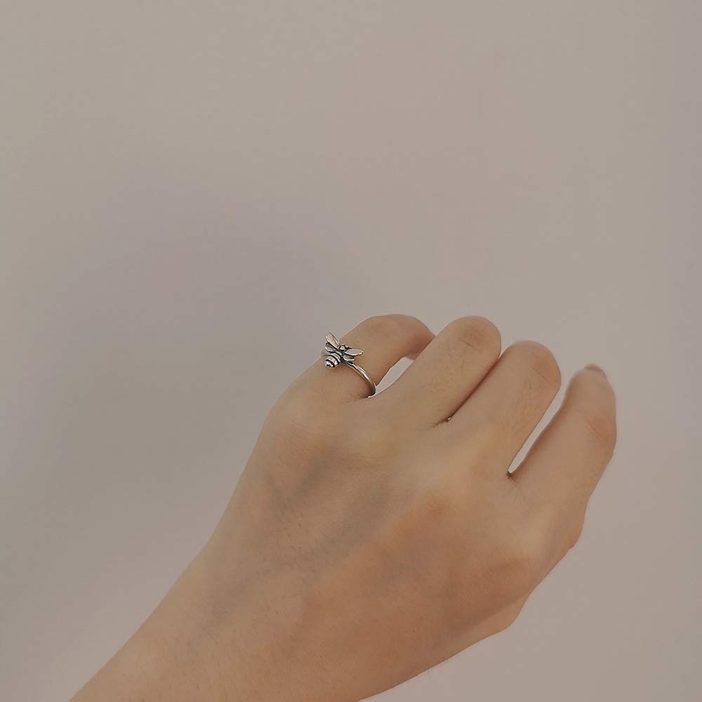 Vintage Cute Bee Statement Adjustable Open Rings for Women Retro S925 Sterling Silver Nickel Free Fashion Personalized Dainty Animal Insect Knuckle Tail Finger Rings Hypoallergenic Jewelry