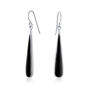 simplistic boho fashion black onyx inlay long flat teardrop shaped dangle earrings for women teen .925 sterling silver fish hook wire threader