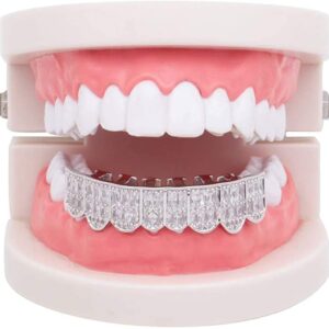 canjoyn 18K Gold Teeth Grillz Square Pave CZ 8 Teeth Top Bottom Men Women Grillz Diamonds Grillz+ 2 Extra Molding Bars