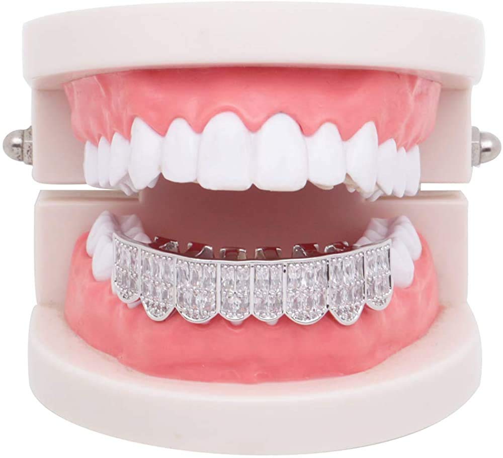 canjoyn 18K Gold Teeth Grillz Square Pave CZ 8 Teeth Top Bottom Men Women Grillz Diamonds Grillz+ 2 Extra Molding Bars