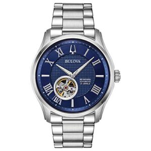 bulova men's classic wilton 3-hand 21-jewel automatic watch, 60 hour power reserve, luminous hands, open aperture, roman numeral markers domed sapphire crystal, 43mm