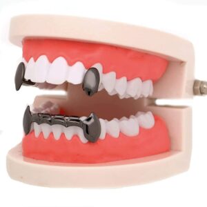 18K Gold Vampire Dracula Teeth Grillz 2pc Single Fangs and 6 Bottom Grillz Set