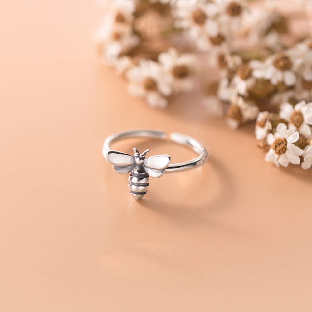 Vintage Cute Bee Statement Adjustable Open Rings for Women Retro S925 Sterling Silver Nickel Free Fashion Personalized Dainty Animal Insect Knuckle Tail Finger Rings Hypoallergenic Jewelry