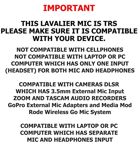 AGD Professional External TRS 3.5 Lavalier Lapel Microphone Clip-on Lav Mini Mic Compatible with Rode Wireless Transmitter Go GoPro MediaMod Zoom Tascam Audio Recorder DSLR Canon Nikon Sony YouTube