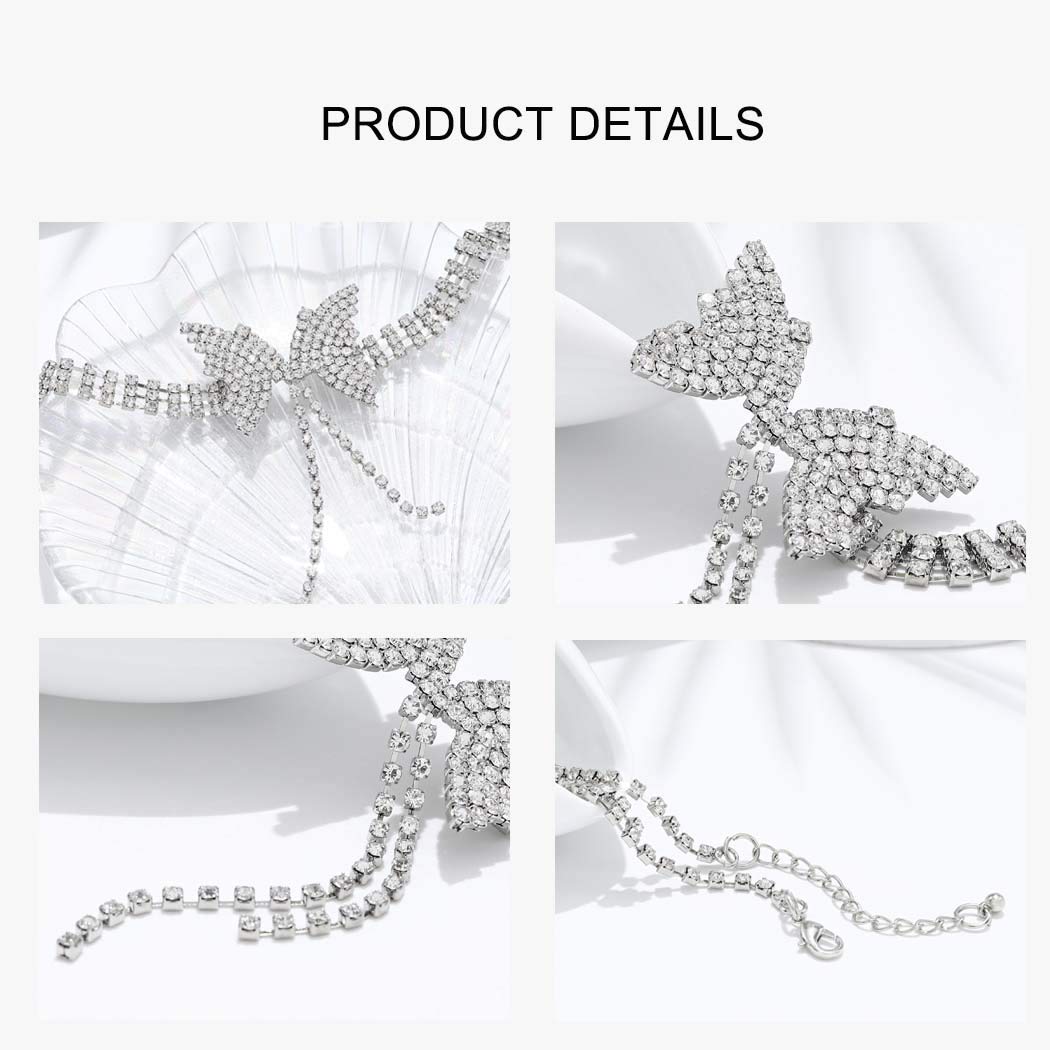 ELABEST Rhinestone Bowknot Butterfly Star Necklace Sparkly Tassel Choker Crystal Tennis Chain Nightclub Party Jewelry for Women (Butterfly tassel)