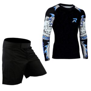 ROAR MMA Rash Guard & BJJ Shorts Set Mens Women Fight Wear Muay Thai Grappling Training (Darken Blue Sleeve 2Pcs Set, Large)