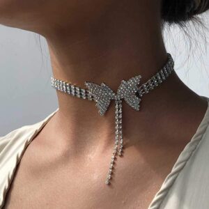 elabest rhinestone bowknot butterfly star necklace sparkly tassel choker crystal tennis chain nightclub party jewelry for women (butterfly tassel)