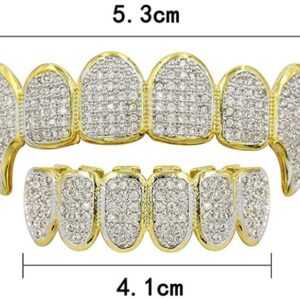 canjoyn 18K Gold Plated All Iced Out Luxury Cubic Zirconia Face Diamond Gold Teeth Grillz Set with Molding Bars Included for Men Women